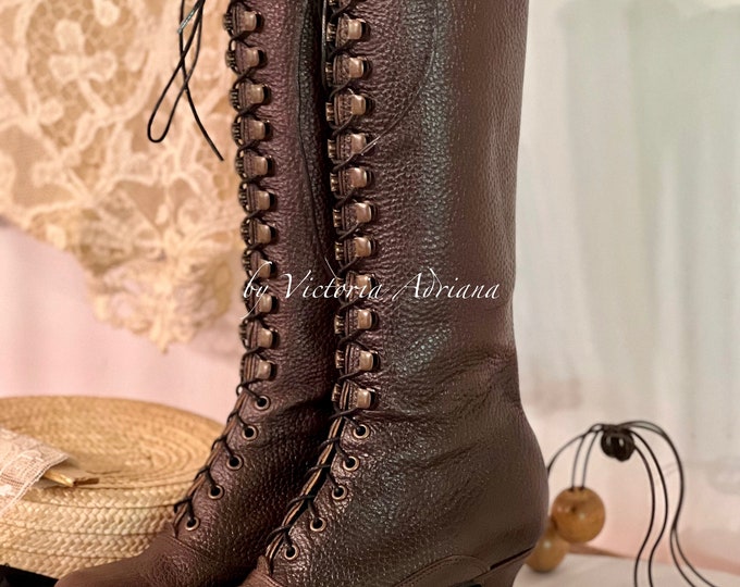 Knee High Boots , Embossed Leather Brown Boots , 1900's Style Boots ...