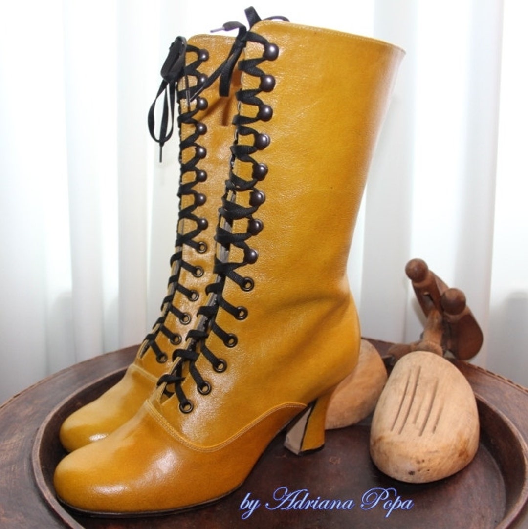 Ochre Victorian Boots Lace up Edwardian High Heels Ankle Boots in Ochre ...