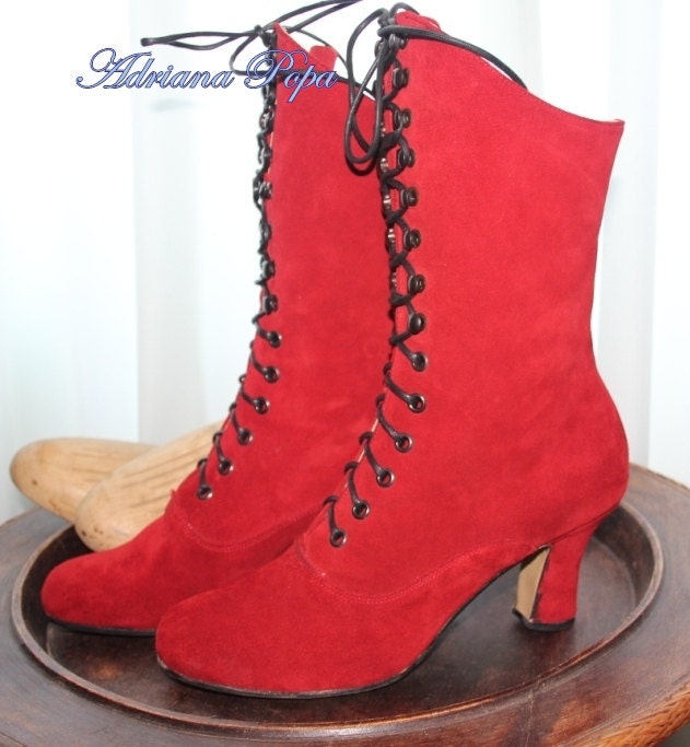Red Suede Leather Boots Victorian Boots Red Lace up Boots Red - Etsy