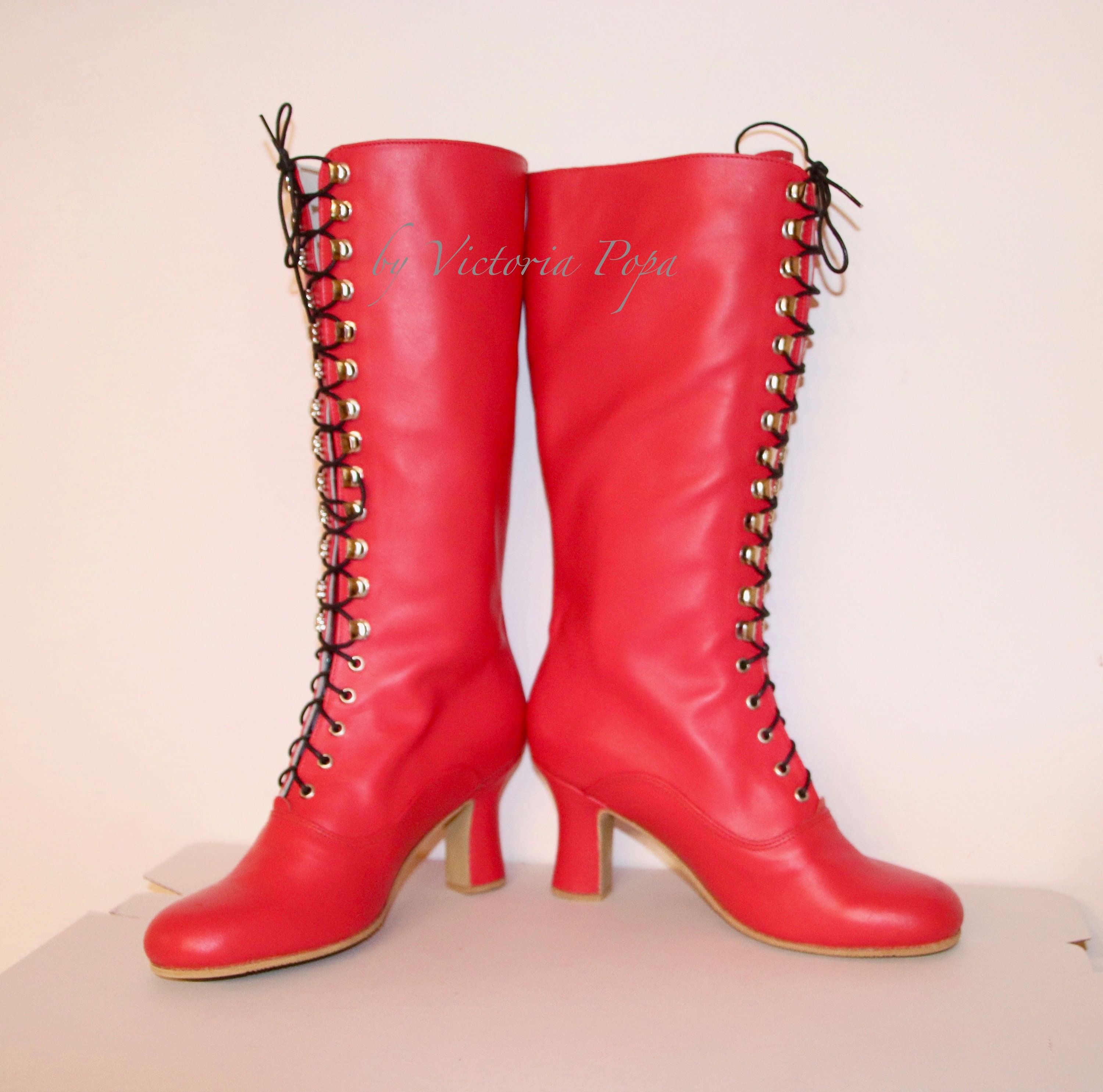 Coral Red leather Boots Knee high Boots Victorian Boots Coral | Etsy