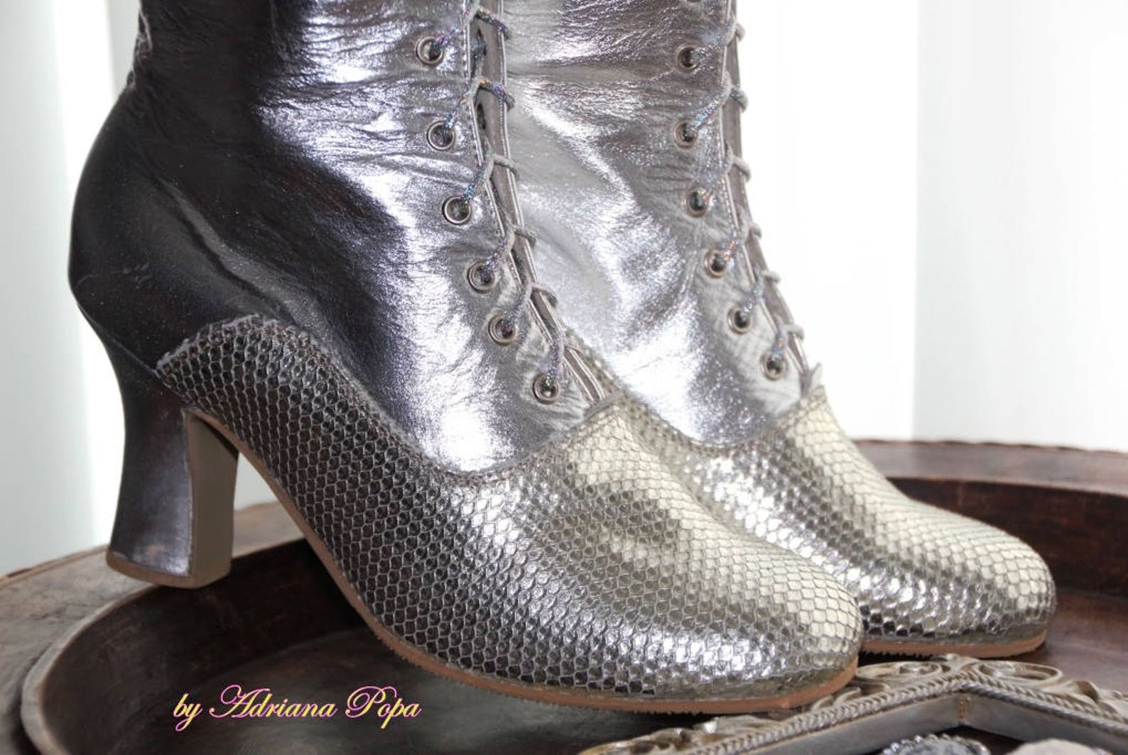 Silver Leather Boots Victorian Boots Tinfoil Leather Boots - Etsy