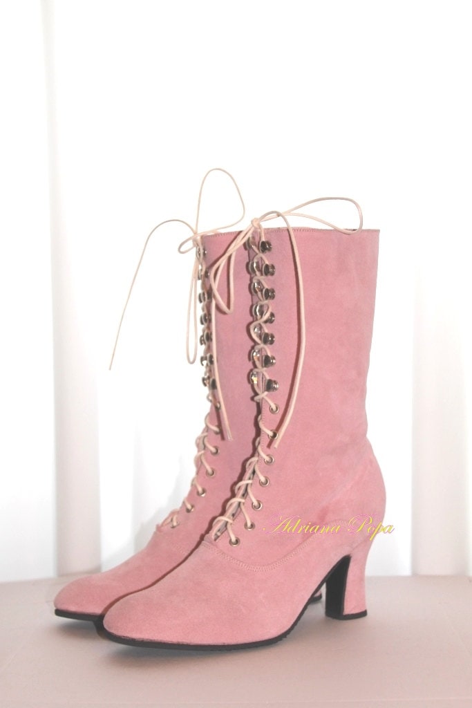 Pink suede leather boots Victorian Boots Blush Pink leather | Etsy