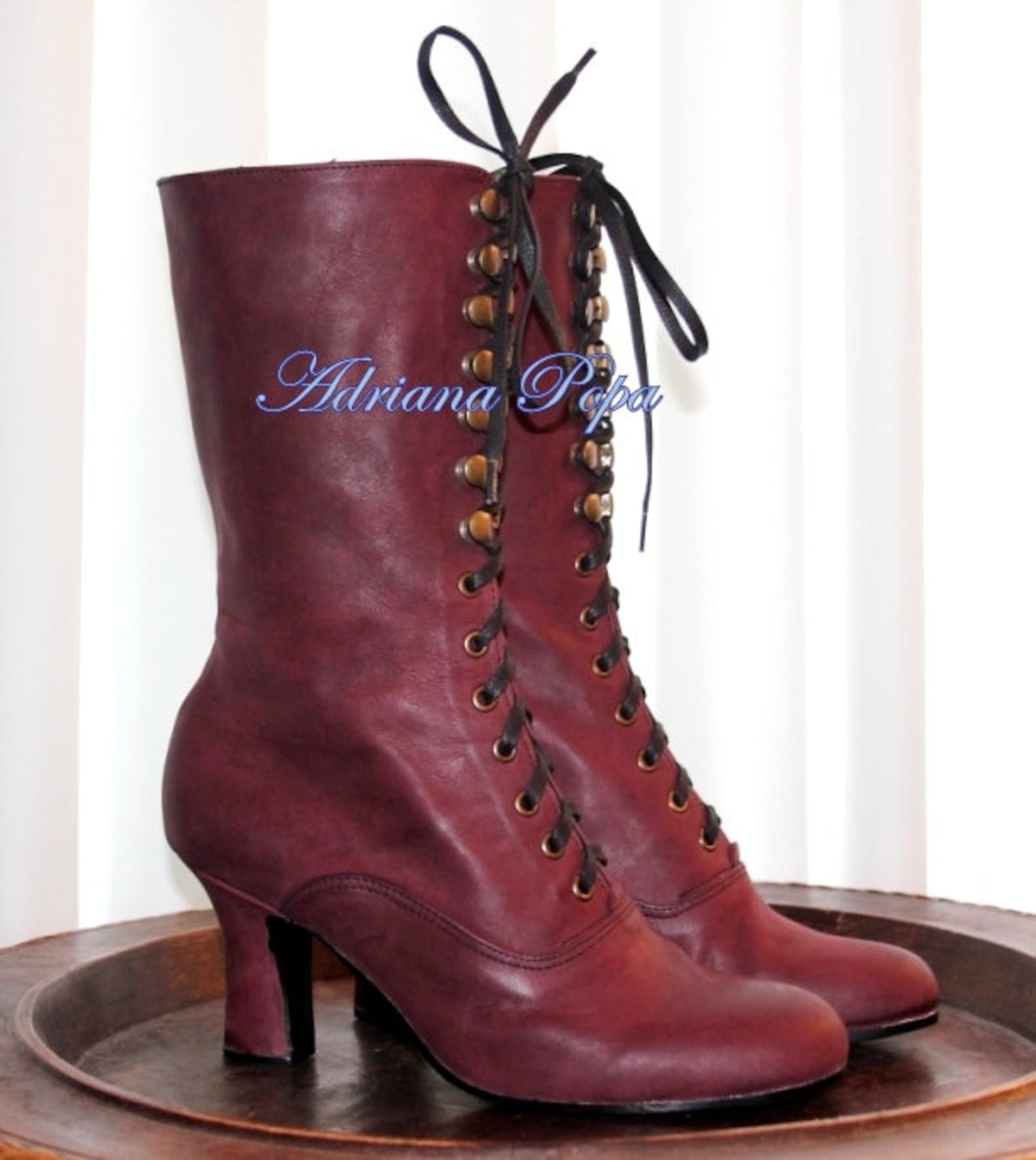 Dark Burgundy Boots , Leather Boots , Victorian Boots , Louise Heel ...