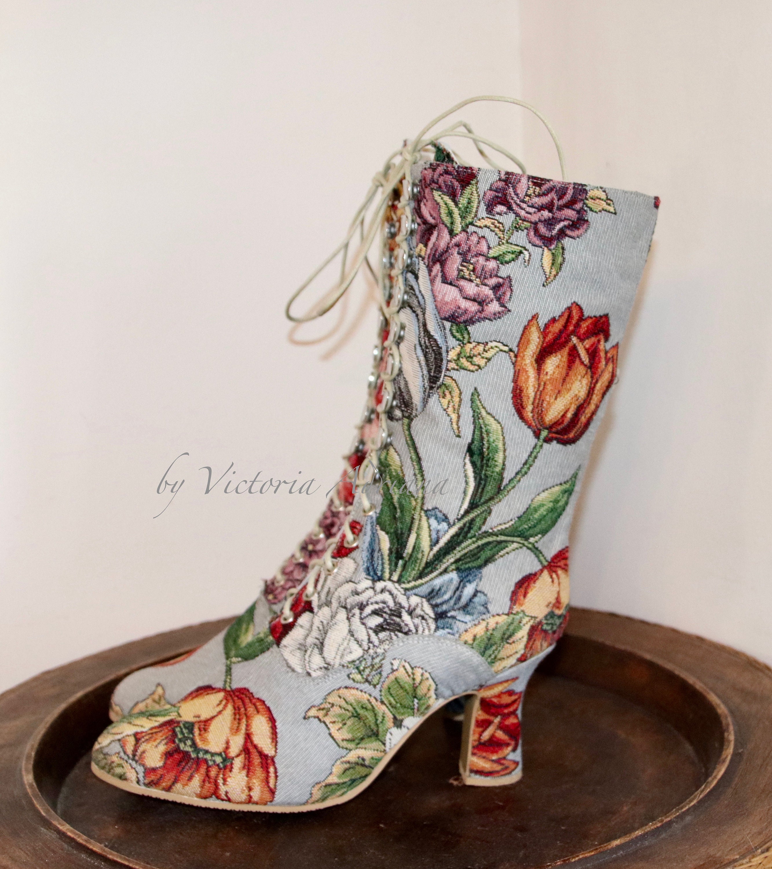 Flower Brocade Boots , Baroque Boots , Rococo Boots , Ankle Lace up ...