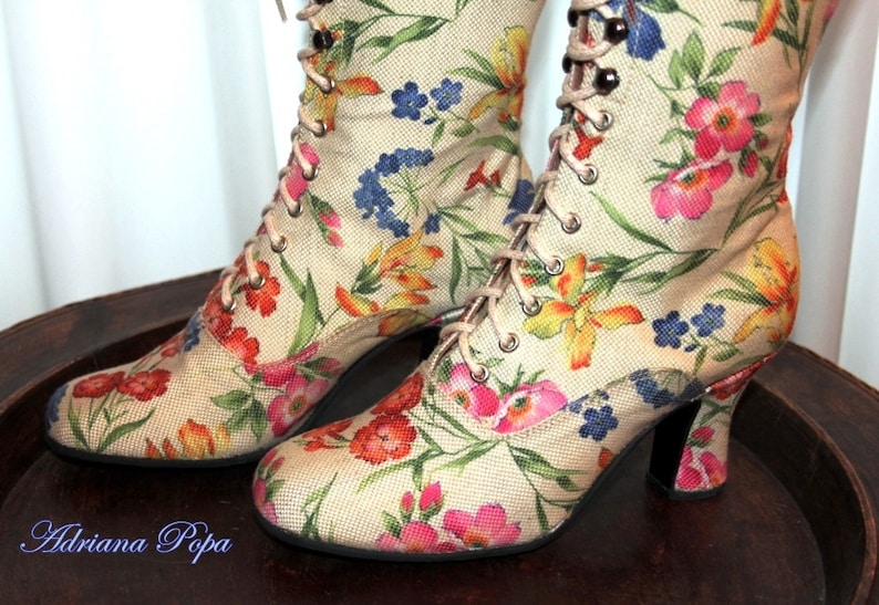 Eco Fabric Boots Victorian Boots Flower Eco Leather Boots Lace - Etsy