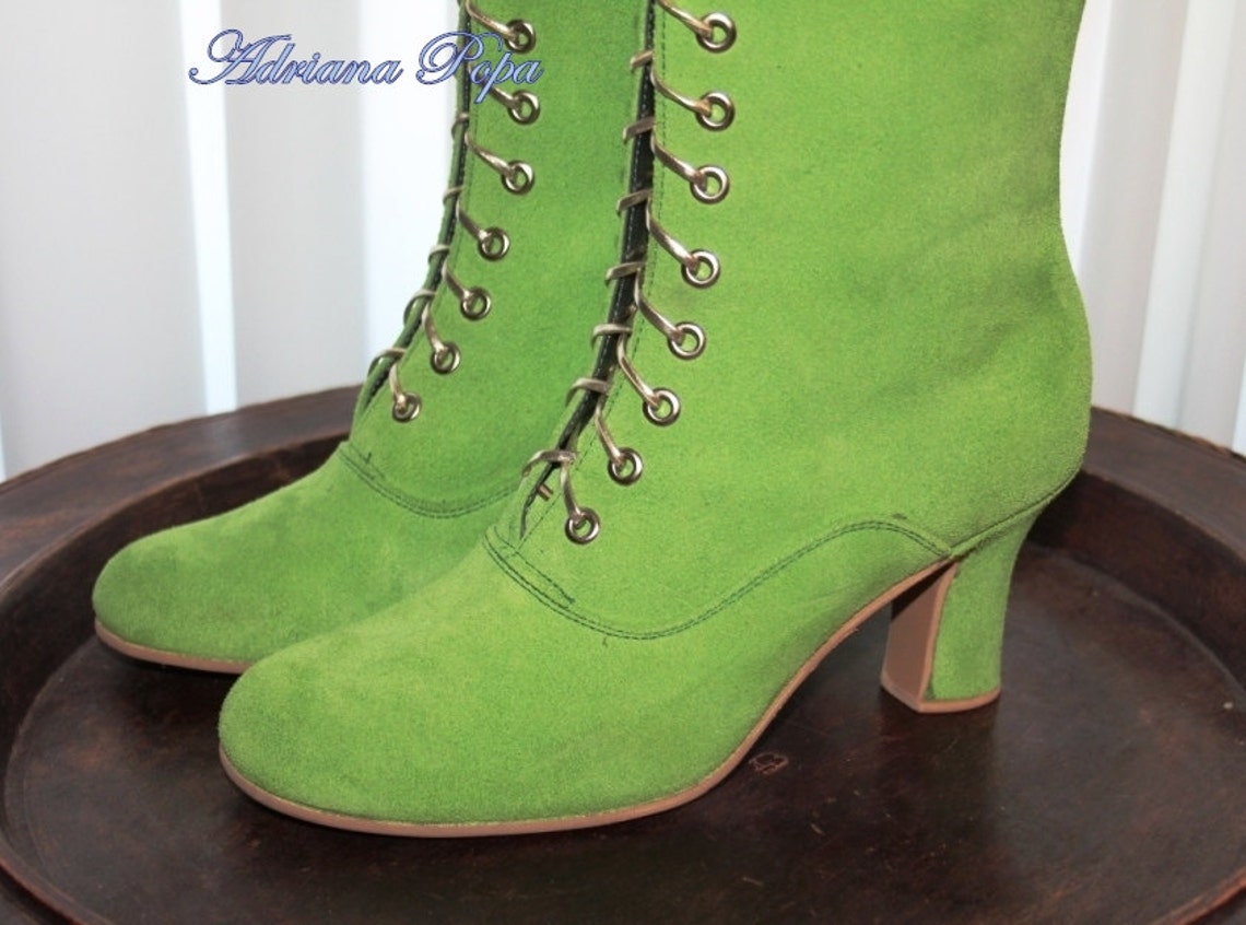 Knee High Boots Acid Green Boots Green Leather Boots Victorian - Etsy