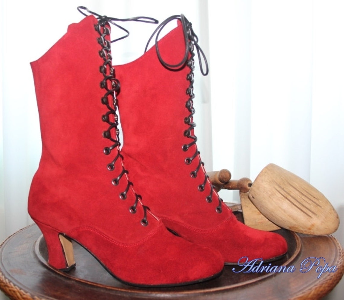 Red Suede Leather Boots Victorian Boots Red Lace up Boots Red - Etsy