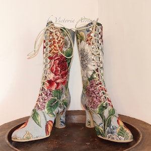 Flower Brocade Boots , Baroque Boots , Rococo Boots , Ankle Lace up ...