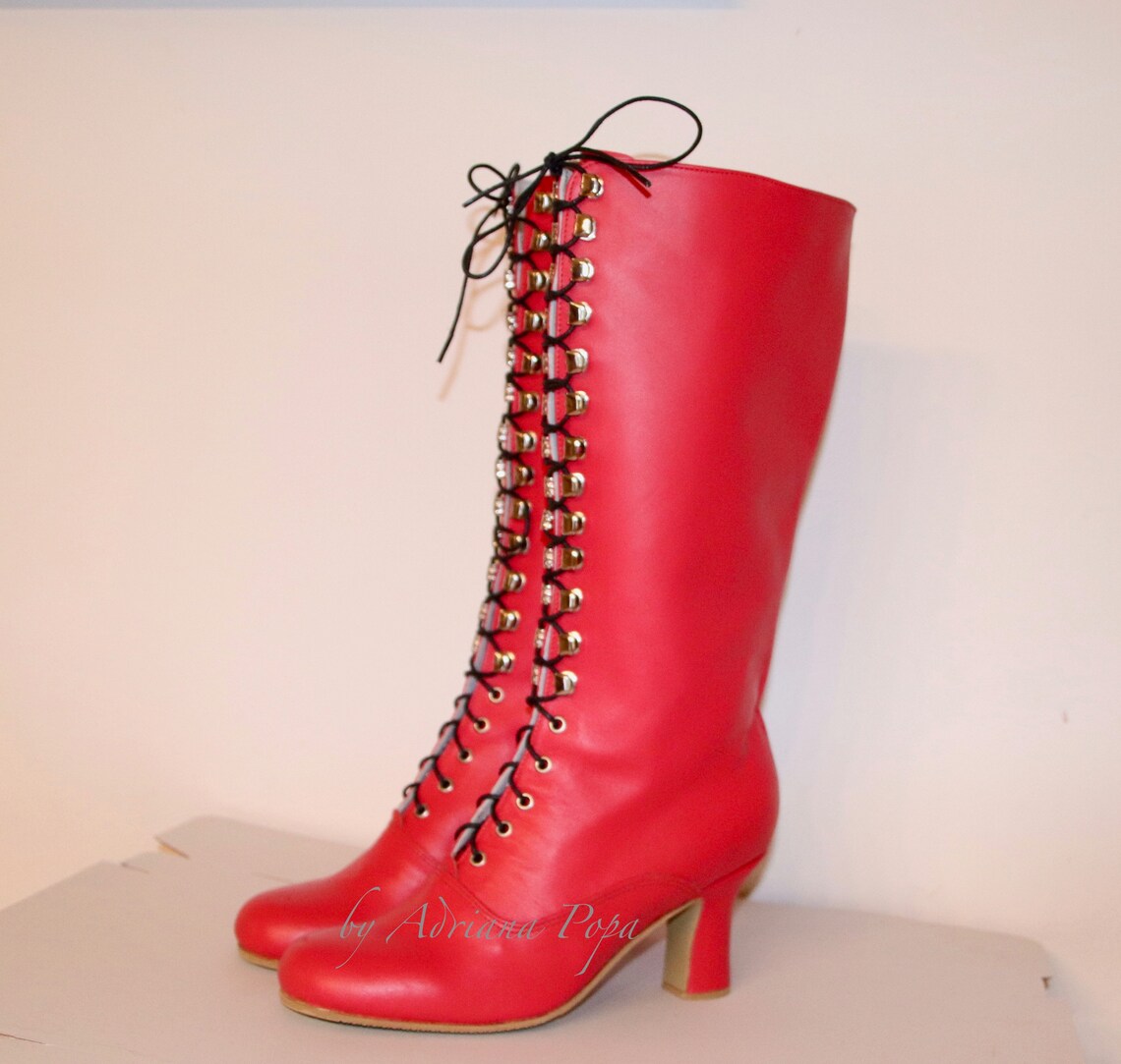 Coral Red Leather Boots Knee High Boots Victorian Boots Coral Red ...