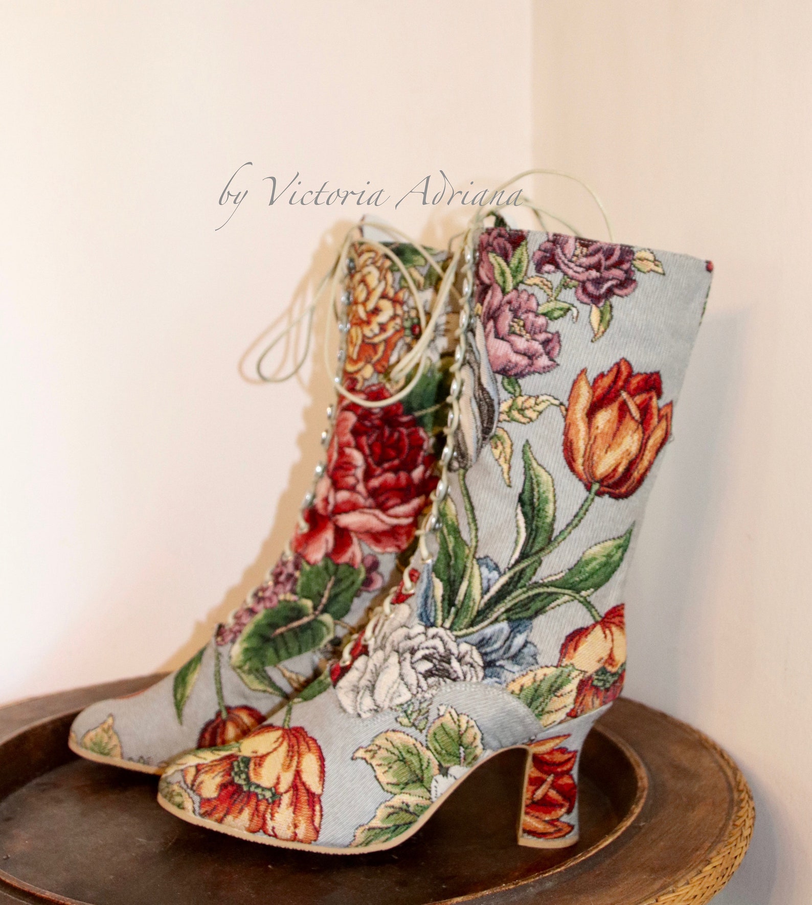 Flower Brocade Boots , Baroque Boots , Rococo Boots , Ankle Lace up ...