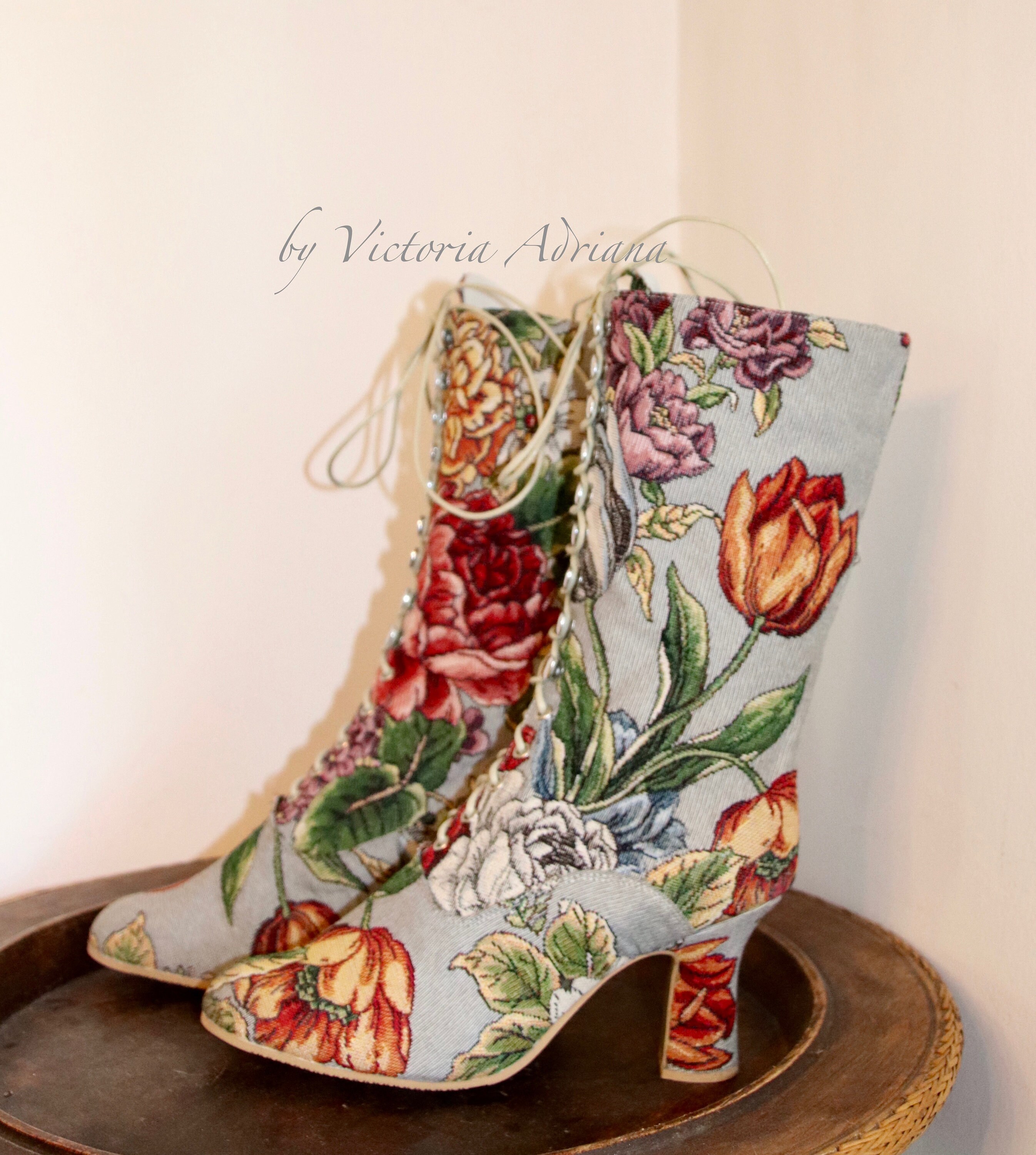 Flower Brocade Boots , Baroque Boots , Rococo Boots , Ankle Lace up ...