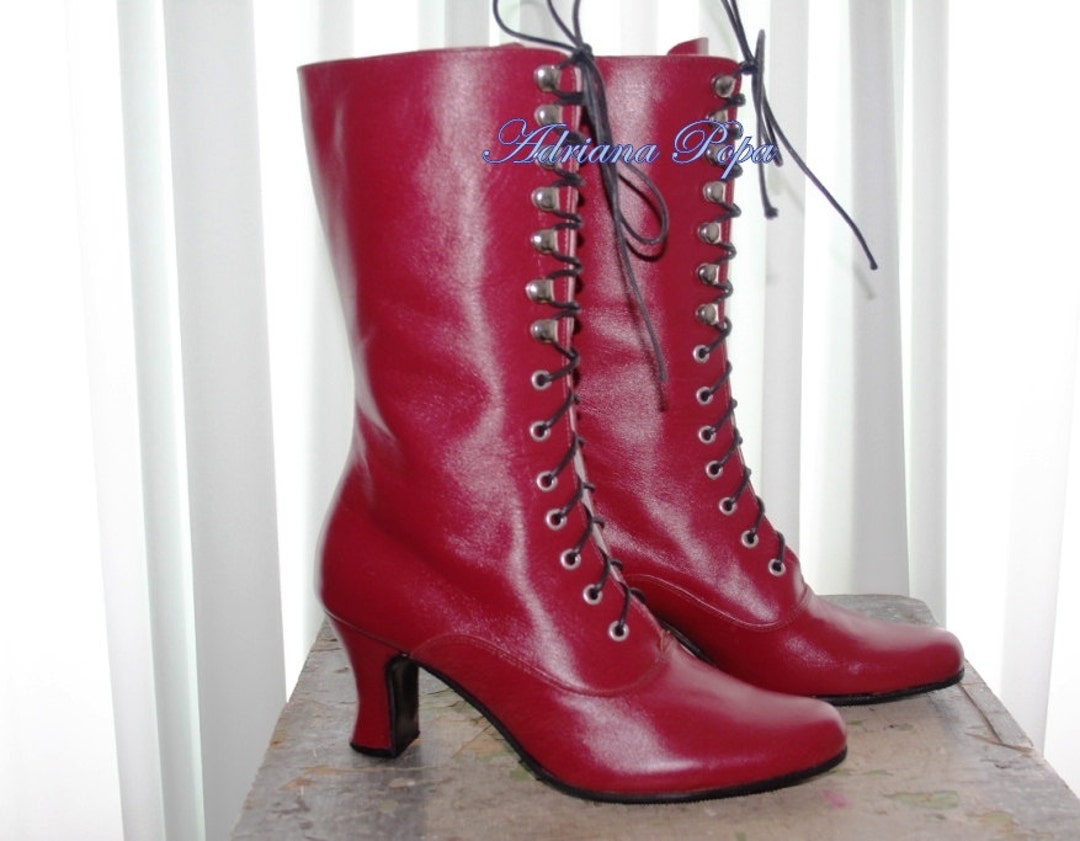 Burgundy Leather Boots , Victorian Boots , Retro Boots , Red Wine ...