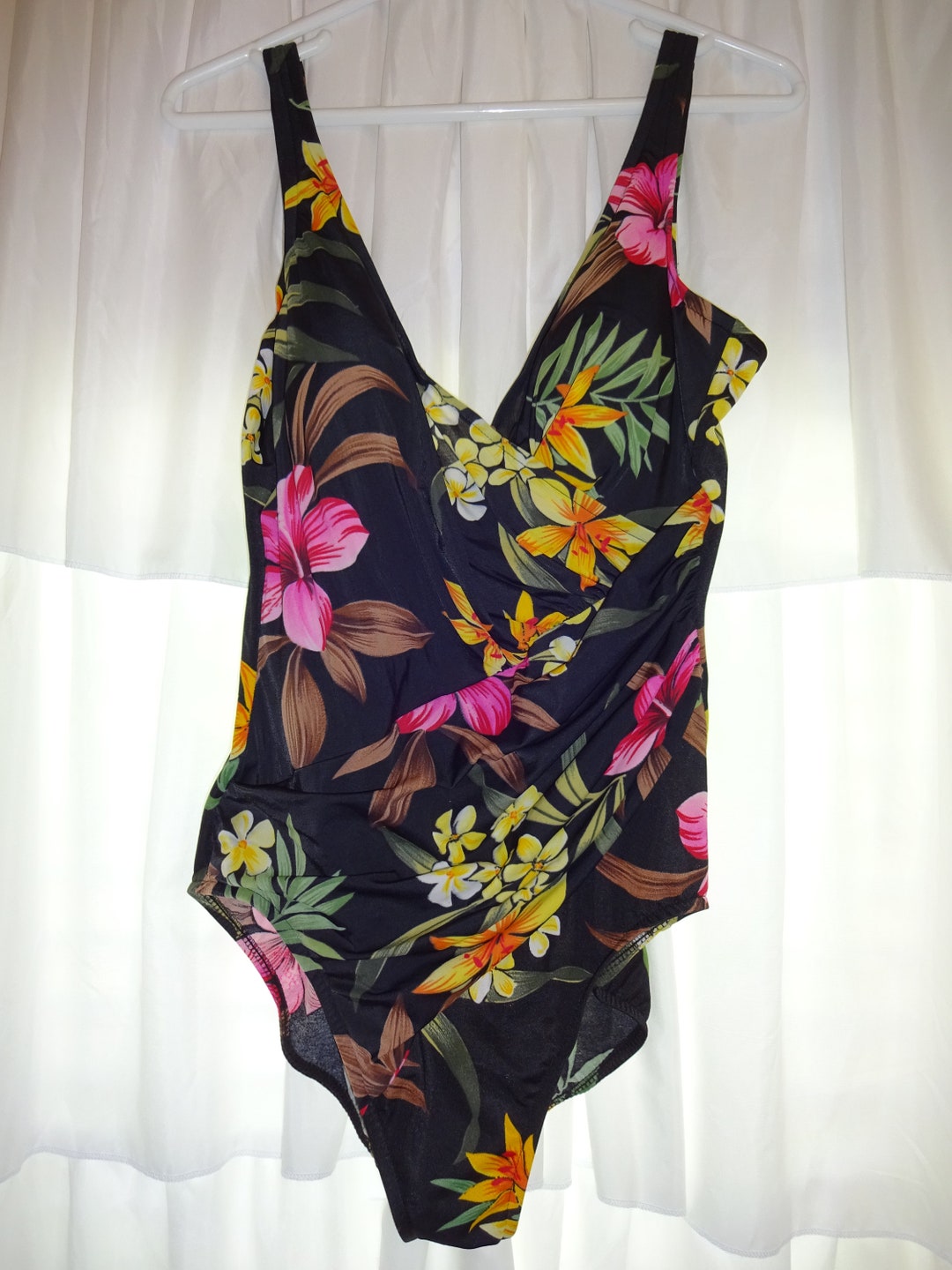 Vintage Womens Black Tropical Floral Miraclesuit One Piece Bathing Suit ...