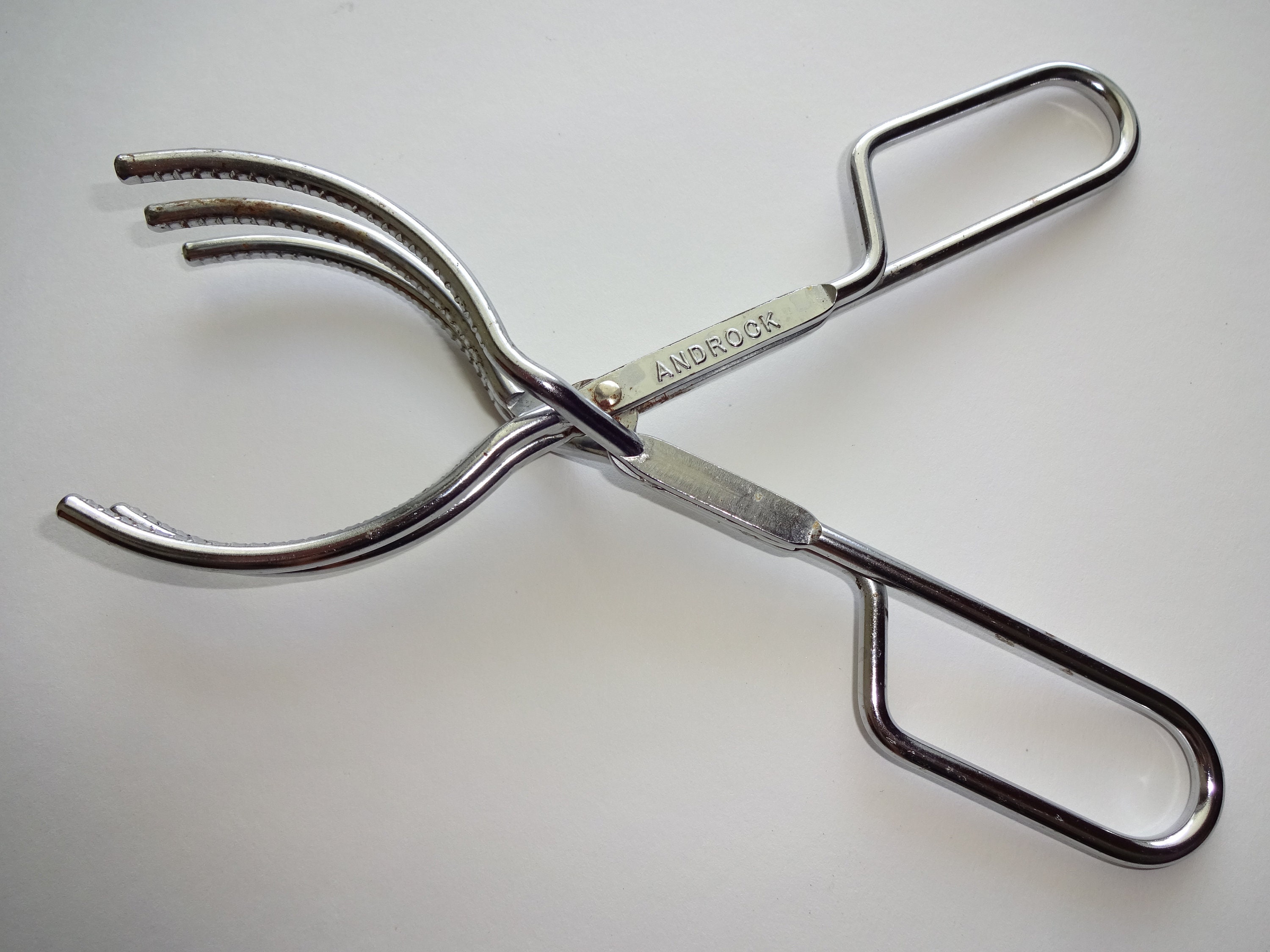 Vintage Androck Curved Fork Tongs Silver Tone Serving Meat Cooking ...