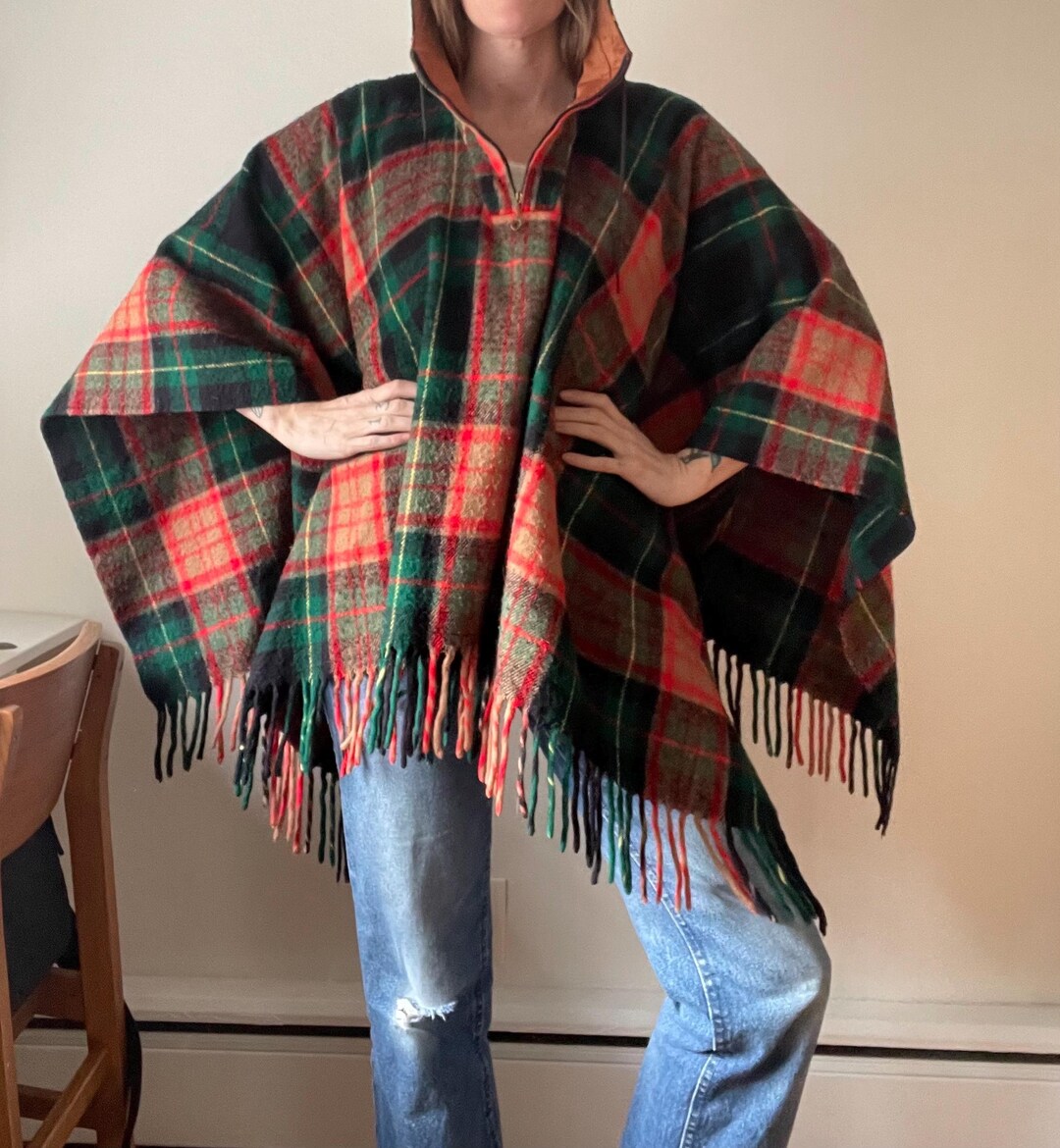 1960s 60s Red and Green Plaid Poncho With Fringe by Hunter One Size - Etsy