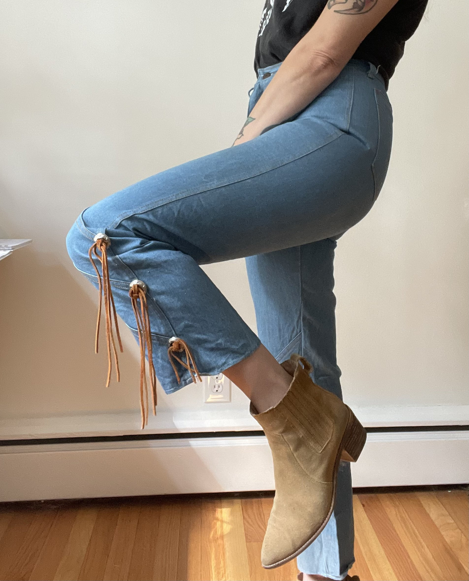 1970s Fredericks of Hollywood High Rise Straight Leg Leather and Concho ...