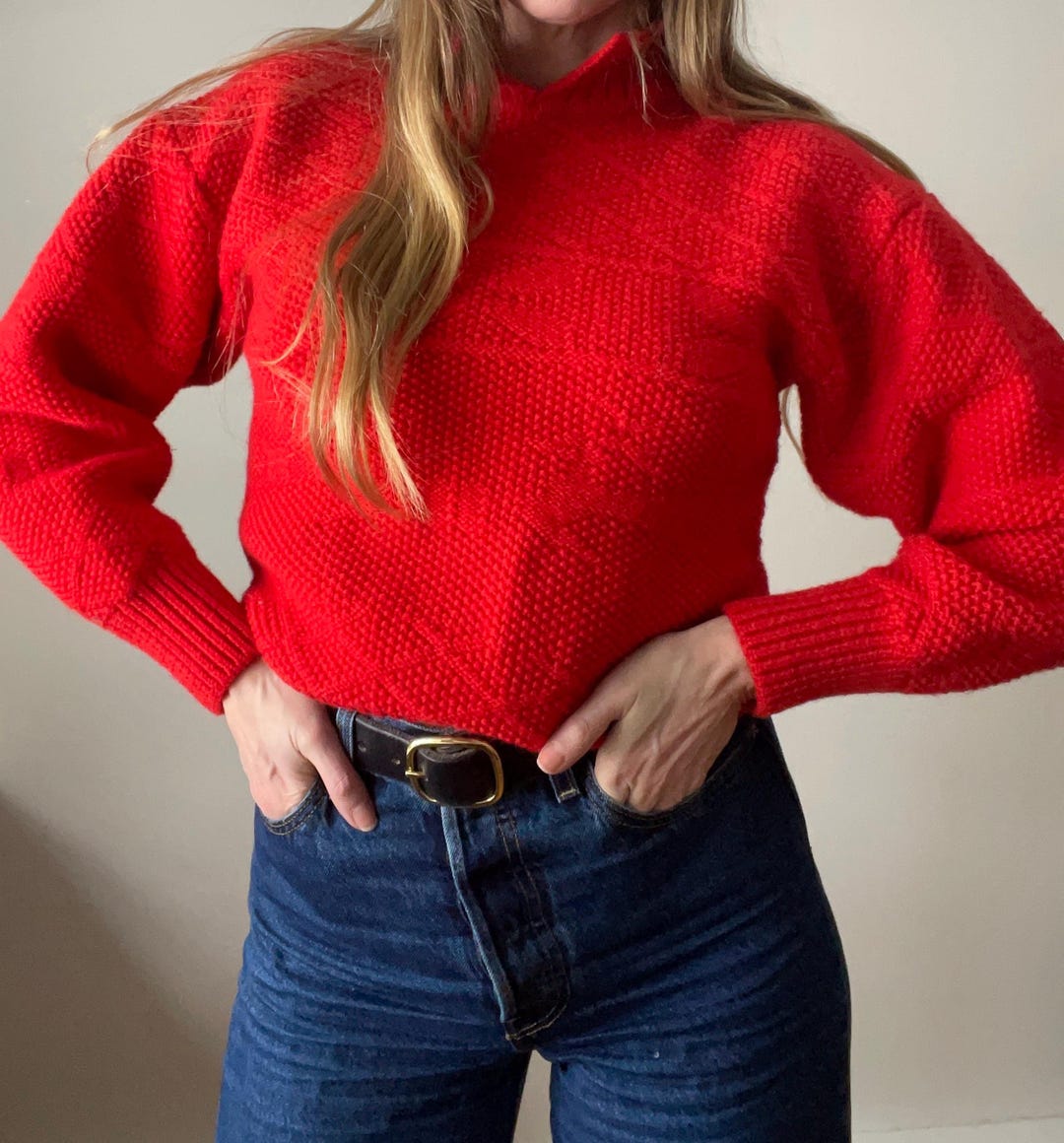 1980s Bright Cherry Red Snowflake Sweater With Collar - Etsy