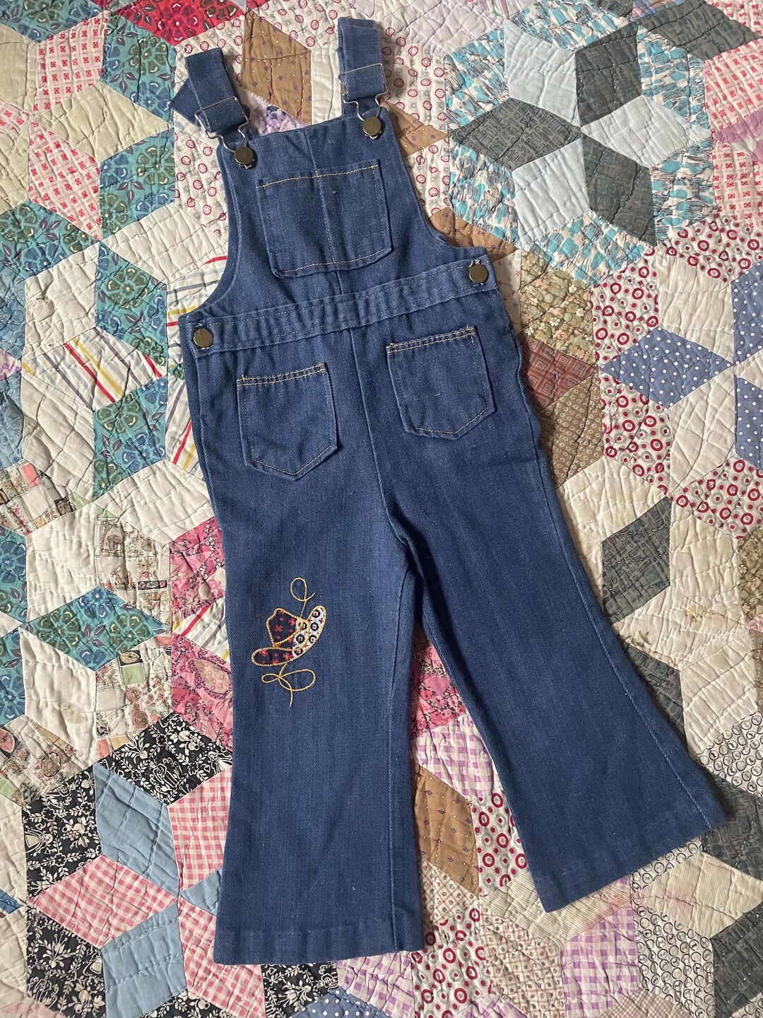 1970s 70s Bellbottom Overalls With Western Patchwork Applique Size 3 4T ...