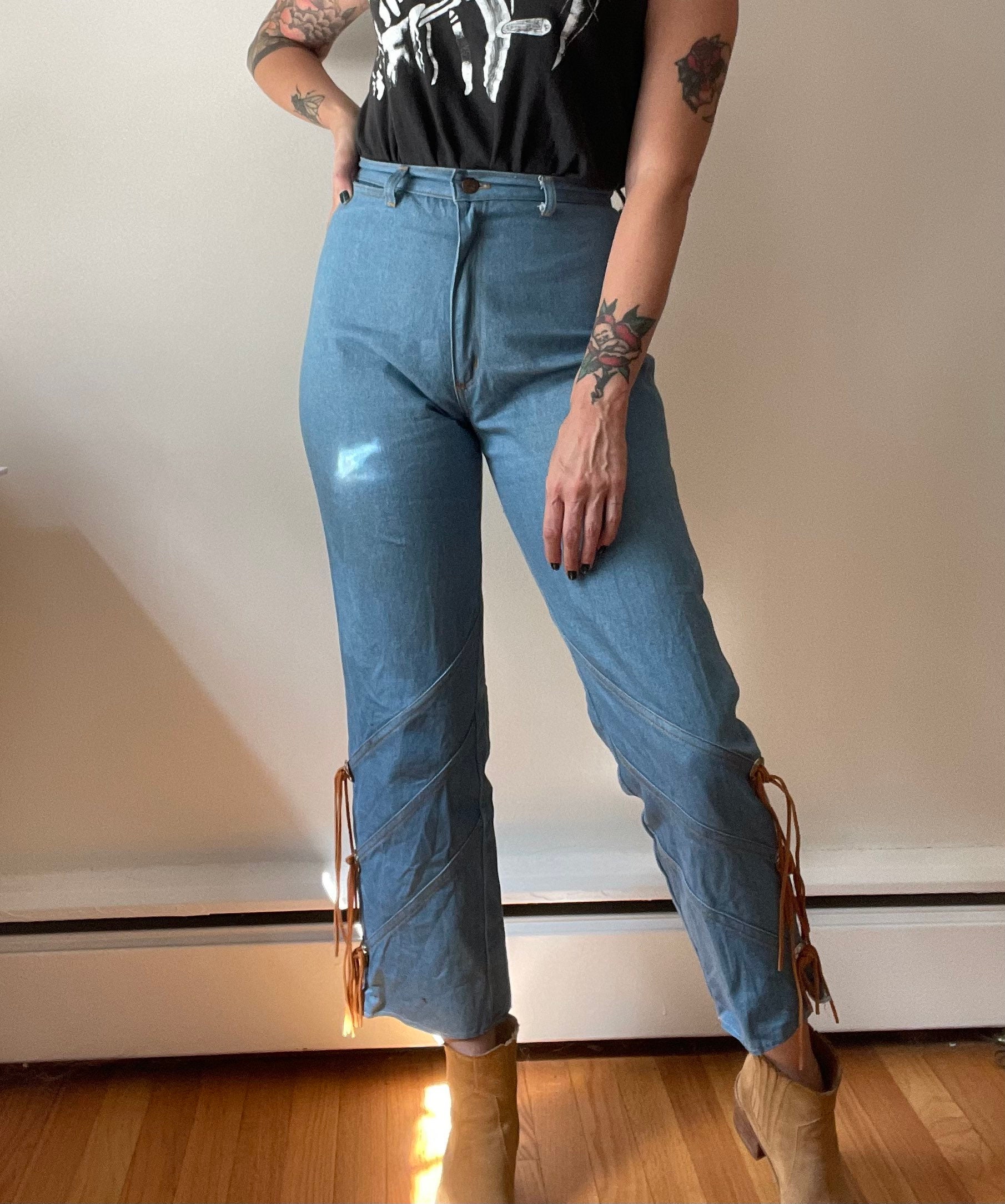 1970s Fredericks of Hollywood High Rise Straight Leg Leather and Concho ...