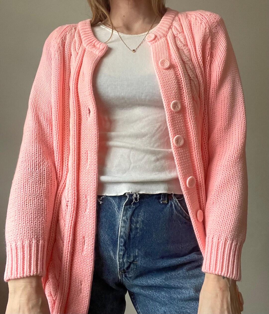 1960s 60s Neon Pink Cable Knit Acrylic Cardigan Medium - Etsy