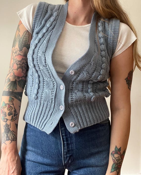 1980s 80s blue cable knit acrylic sweater vest - Gem