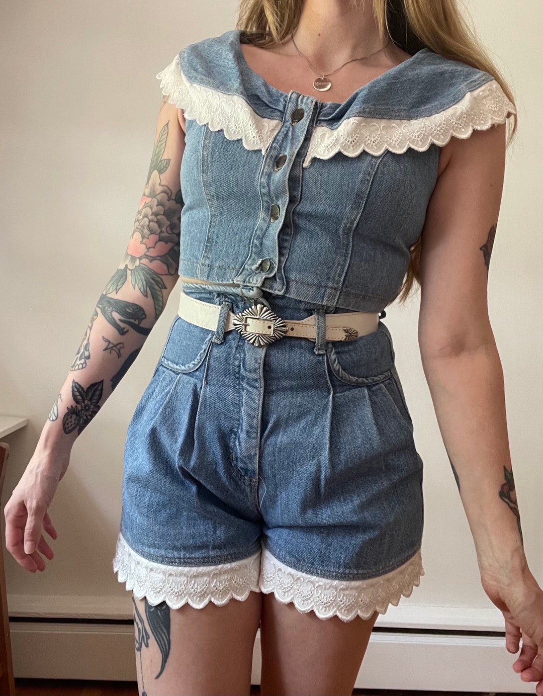 1980s 90s Switch 2 Piece Set Cotton Denim Shorts Set With Lace XS Small ...