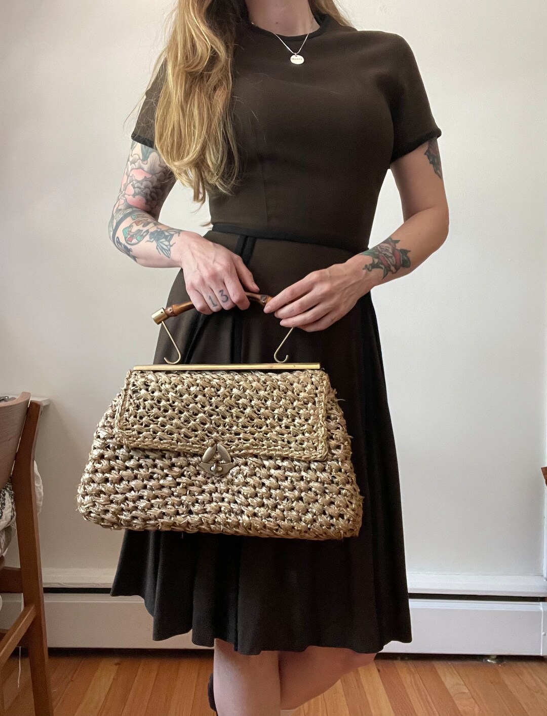 1950s 1960s Woven Sea Grass Handbag With With Bamboo and Brass Handle 50s 60s - Etsy