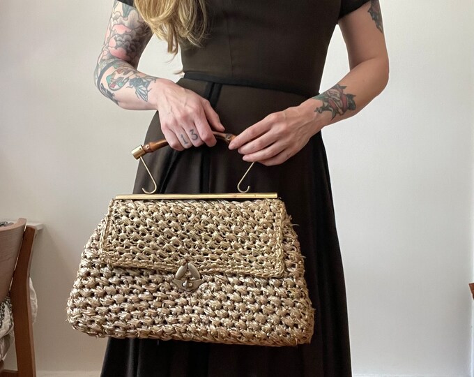 1950s 1960s Woven Sea Grass Handbag With With Bamboo and Brass Handle ...