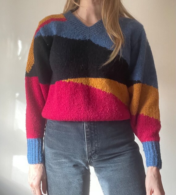 1980s 80s hand knit intarsia wool sweater - Gem