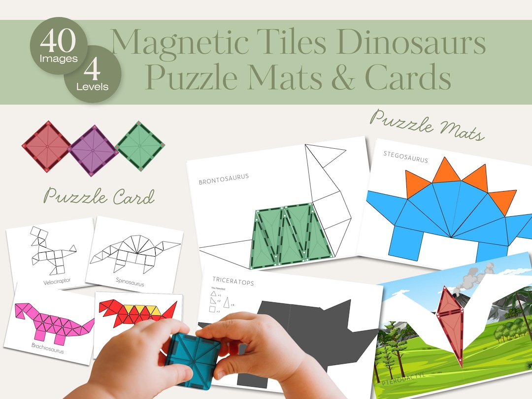 Dinosaur Magnetic Tiles Puzzle Mats & Cards — Montessori Material for ...