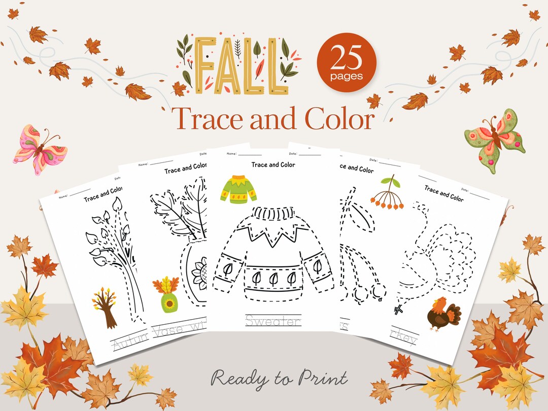 Fall Trace and Color Worksheets | Autumn Tracing Coloring Pages for ...