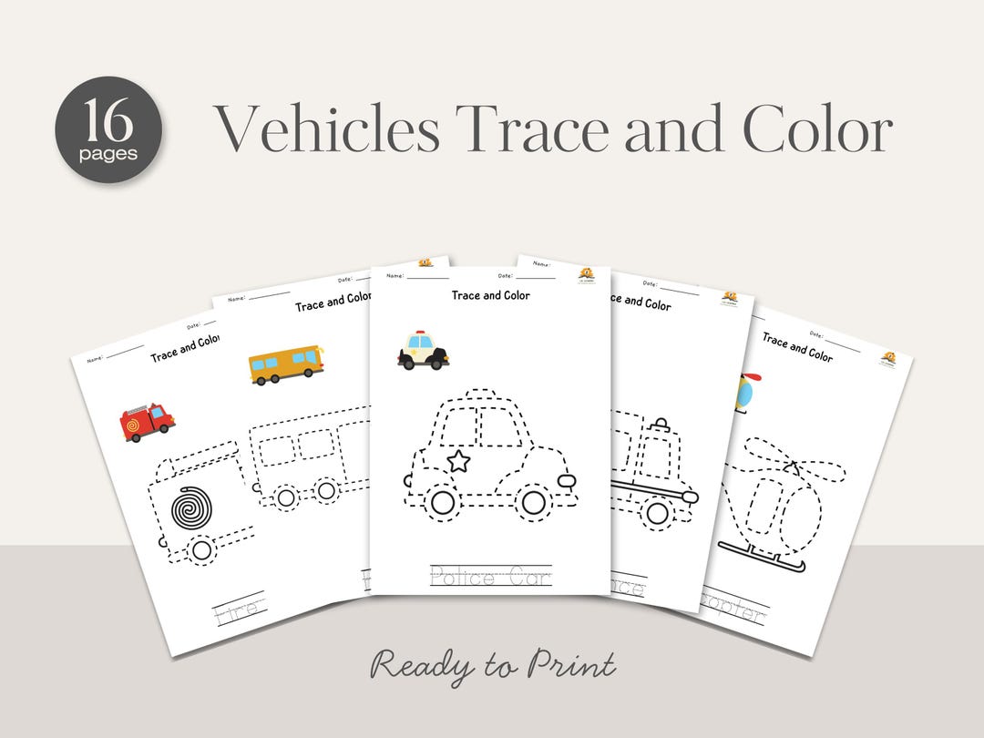 Vehicles Trace and Color Worksheets: Transportation Coloring Pages (PDF ...