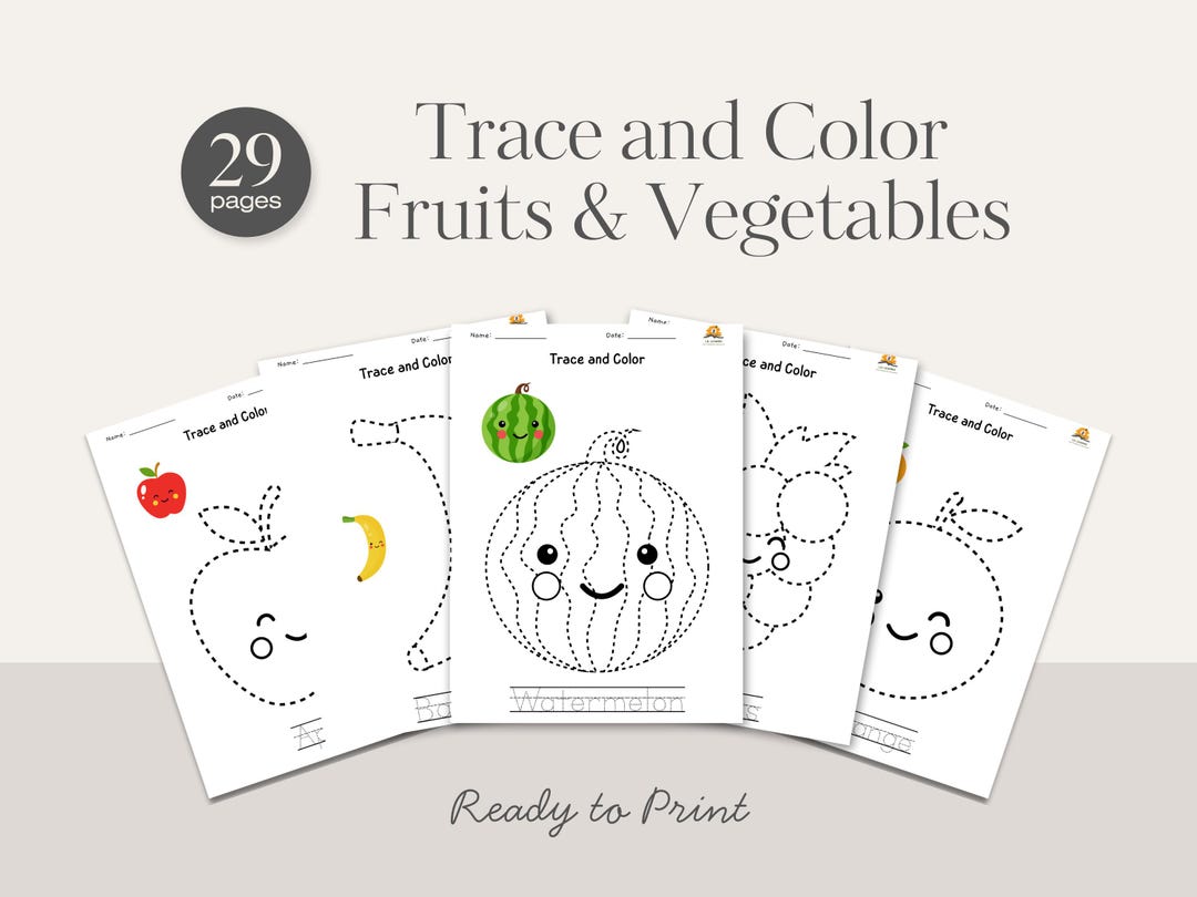 Fruits & Vegetables Tracing and Coloring Pages: Preschool Learning (PDF ...