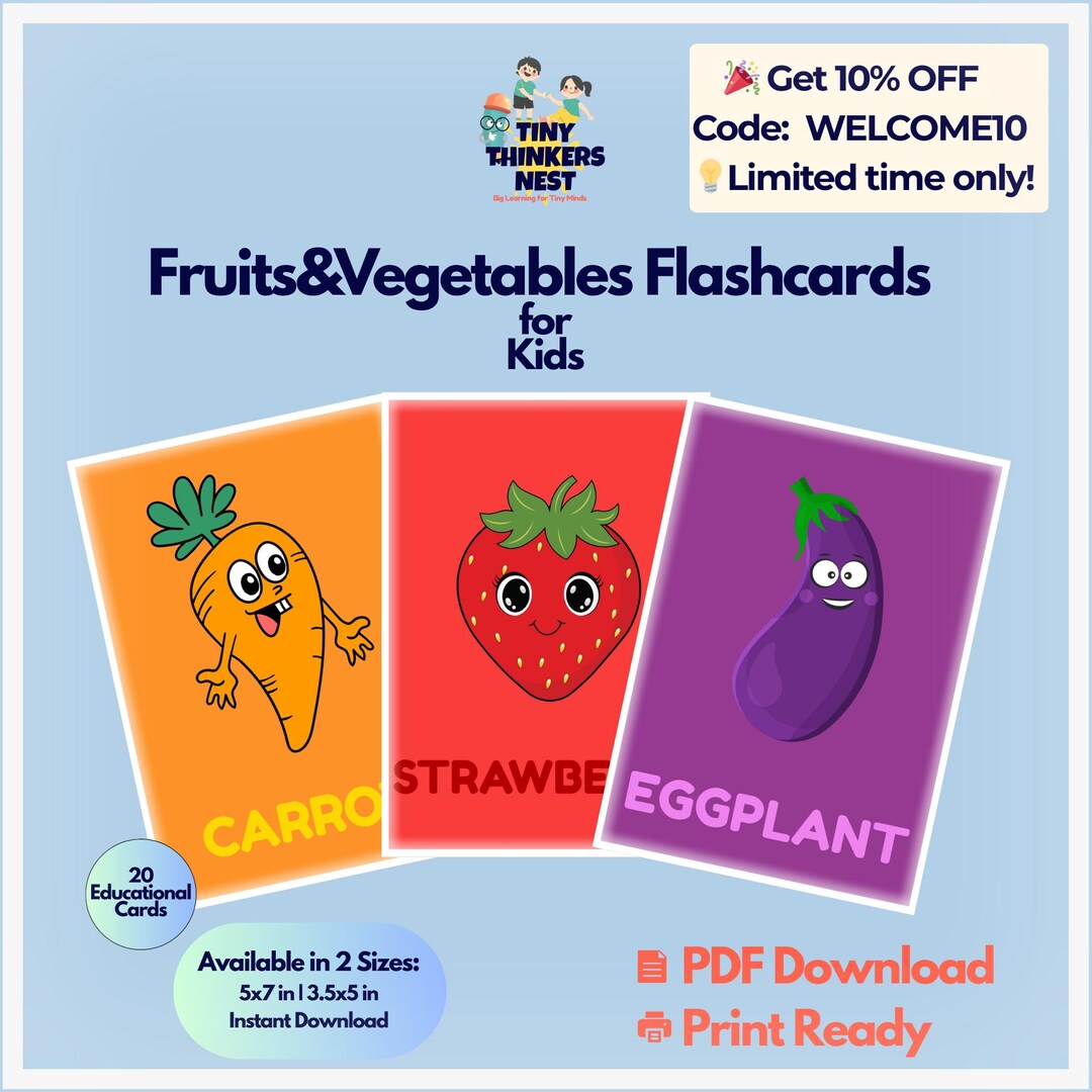 Fruit & Vegetable Flashcards for Kids - 20 Printable Cards - Preschool ...