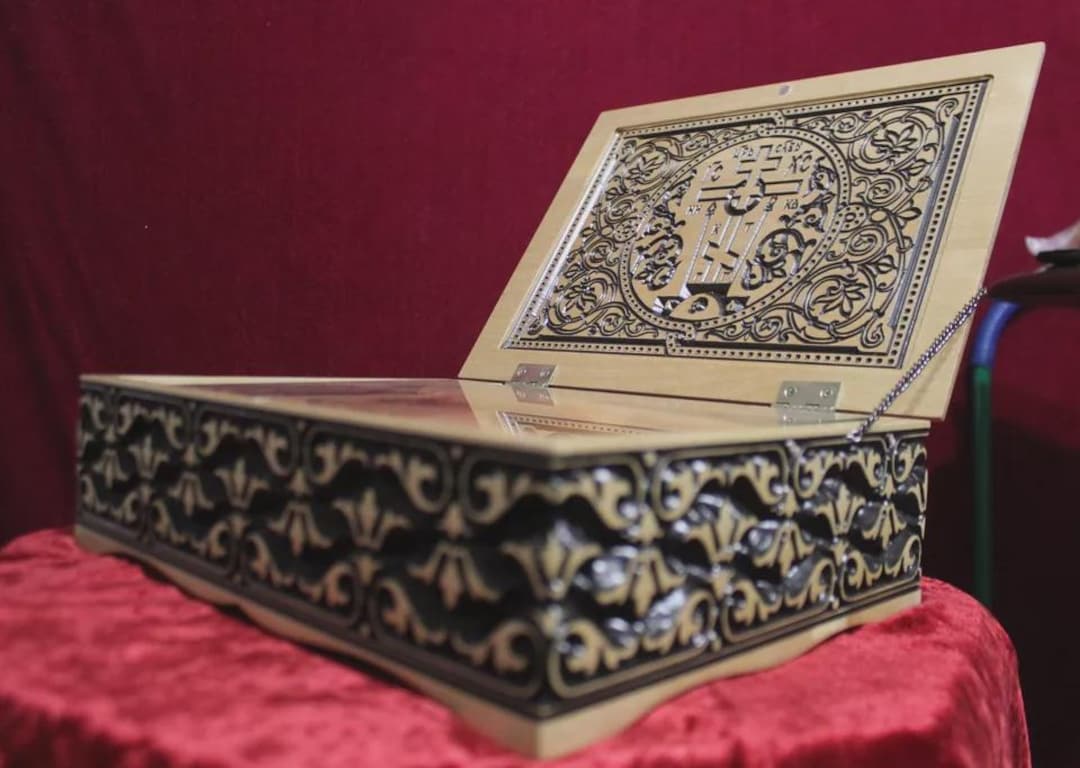 Carved Wooden Reliquary Box: Orthodox Cross, Vine Motif, Birch/alder ...