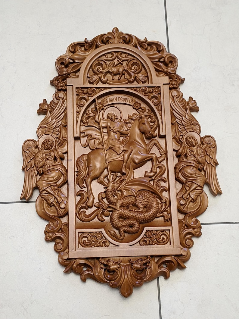 Saint George Icon Picture Carved on Wood – Carved Christian Wall Art ...