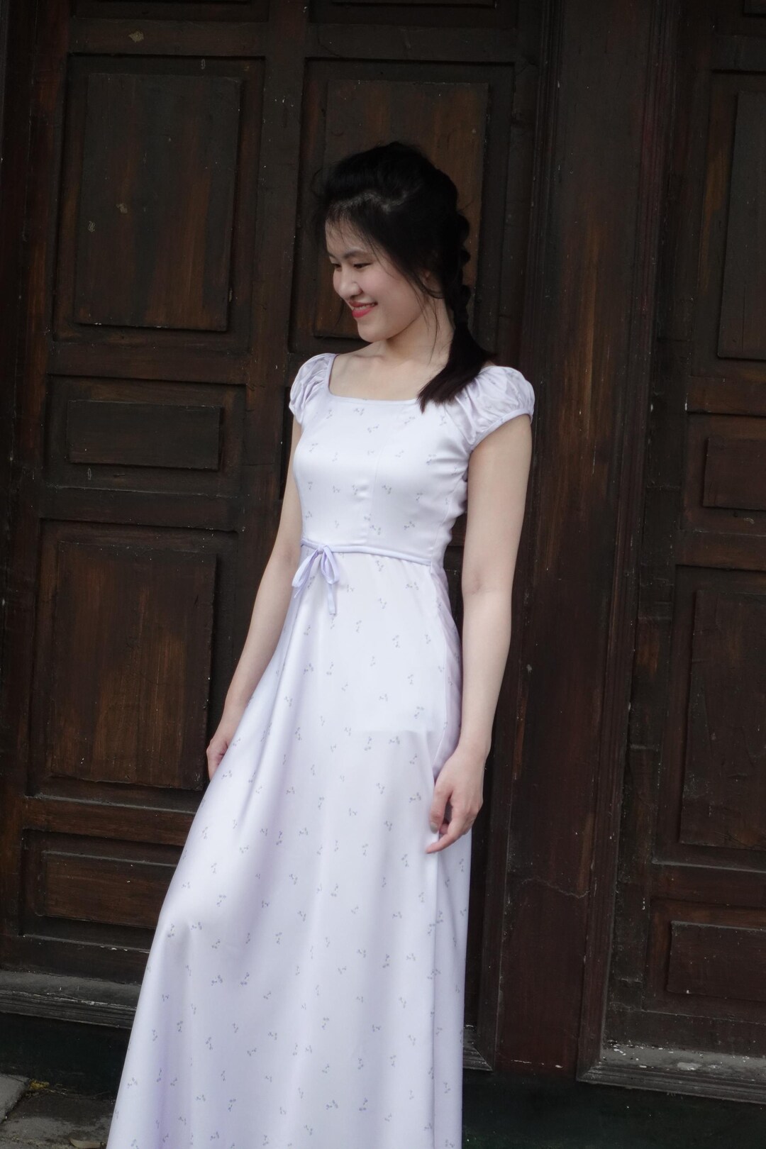 Hannah Silk Puff Sleeve Maxi Dress in Purple "small Rosie" Silk Fabric ...