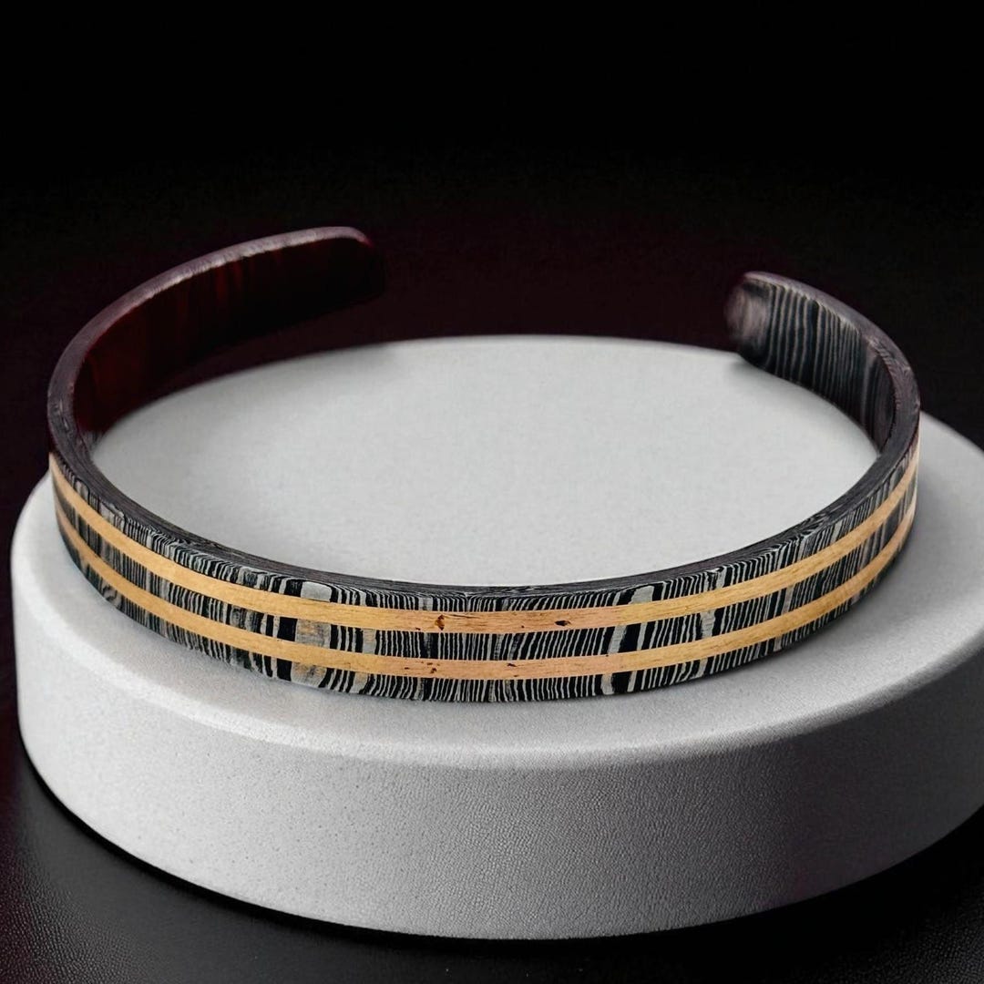 Damascus Steel Bracelet Hand Forged Double Line Copper Damascus Bangle ...