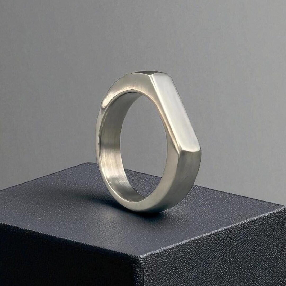 Handmade Titanium Signet Ring: Faceted Silver, 4mm Band - Etsy UK