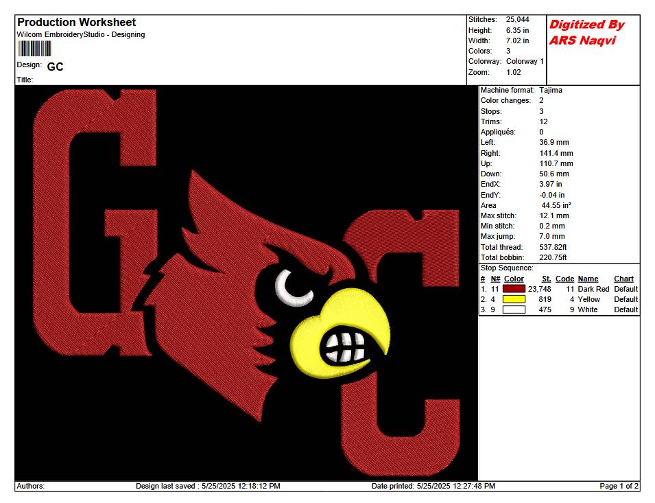 Digitized Embroidery Cardinal Logo Design | for Embroidery Machines ...
