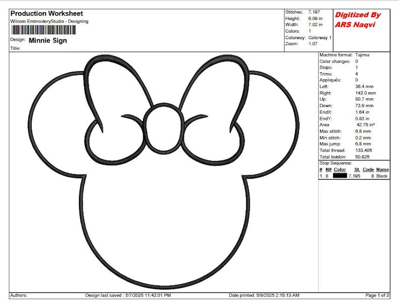 Minnie Mouse Head Outline Embroidery Design | Pocket & Chest (dst, Exp ...