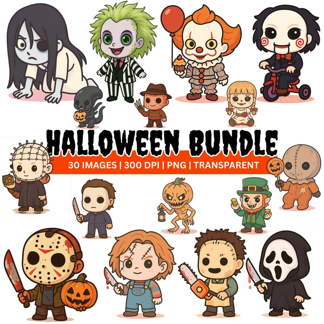 Chibi Horror Movie Characters PNG Bundle – Cute Halloween Villains ...
