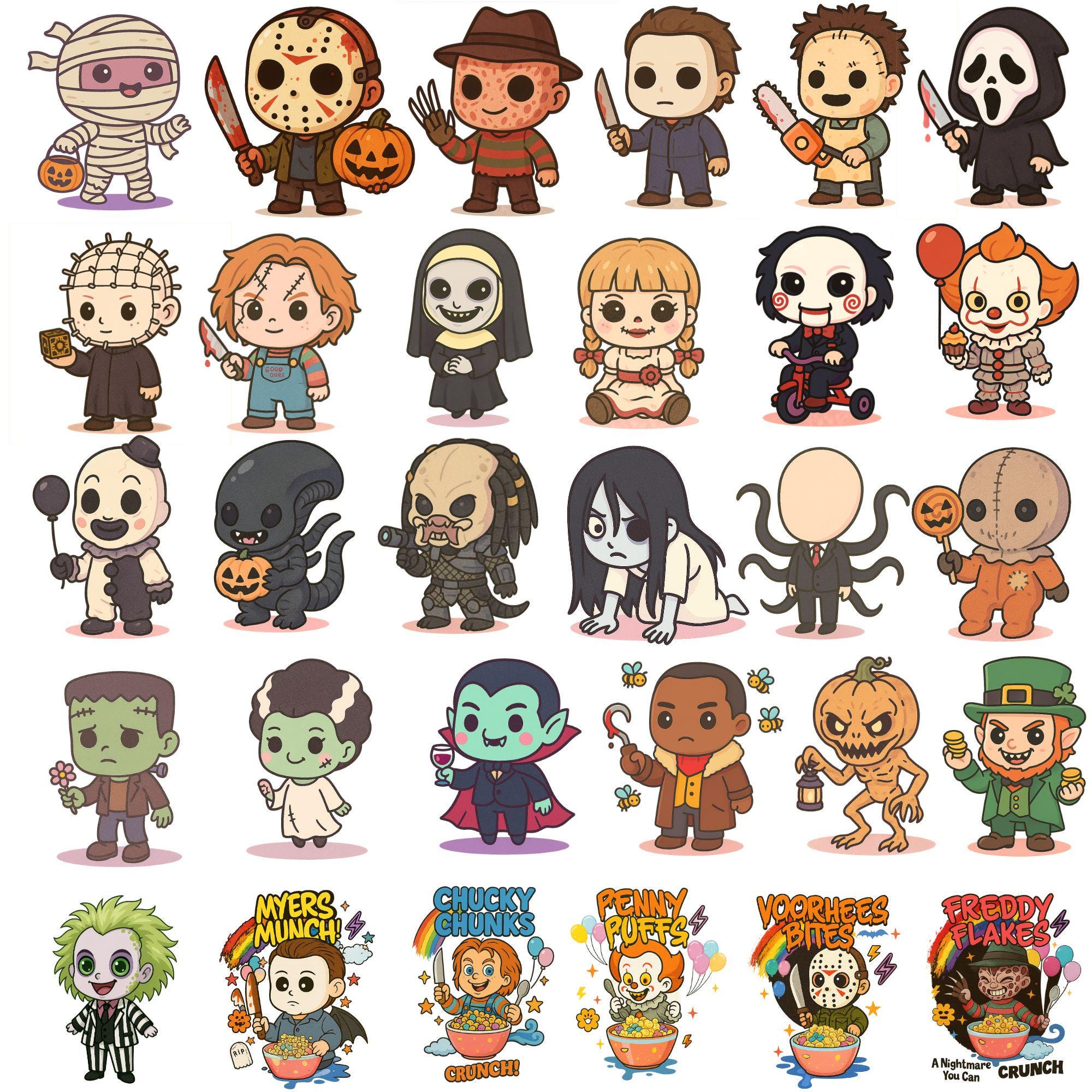 Chibi Horror Movie Characters PNG Bundle – Cute Halloween Villains ...