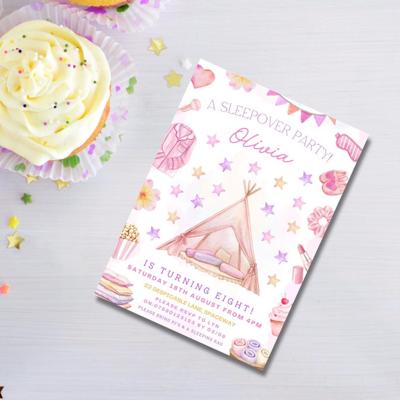 Slumber Sleepover Girls Birthday Party Invite, Pink Invitation, Cute ...