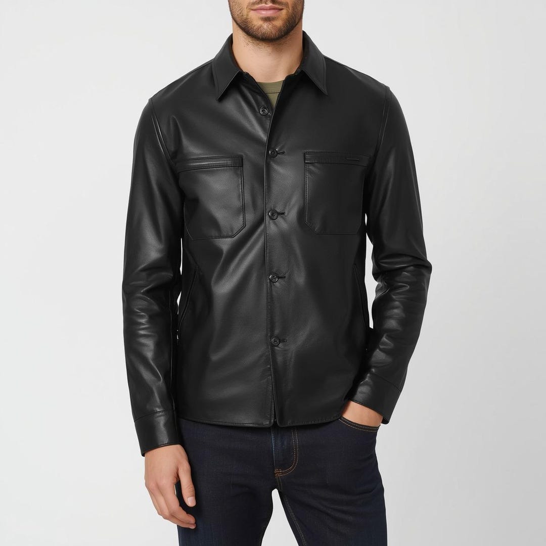 Men's Genuine Leather Shirt Jacket | Black Button-up Overshirt Coat for ...