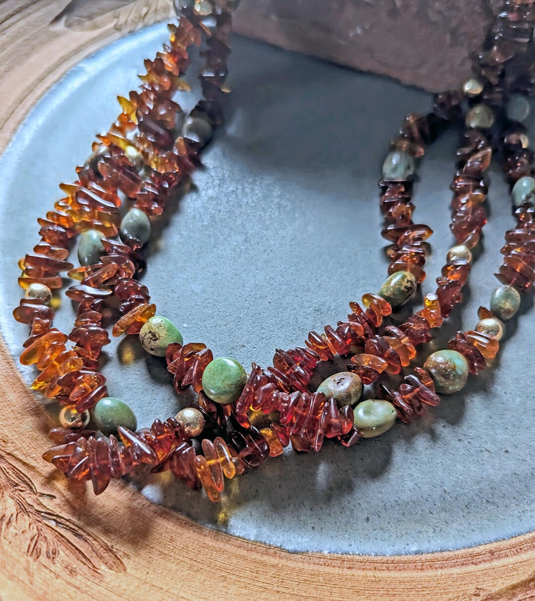 Amber Necklace, 3 Strand Amber Turquoise Vintage Necklace Vintage Amber ...