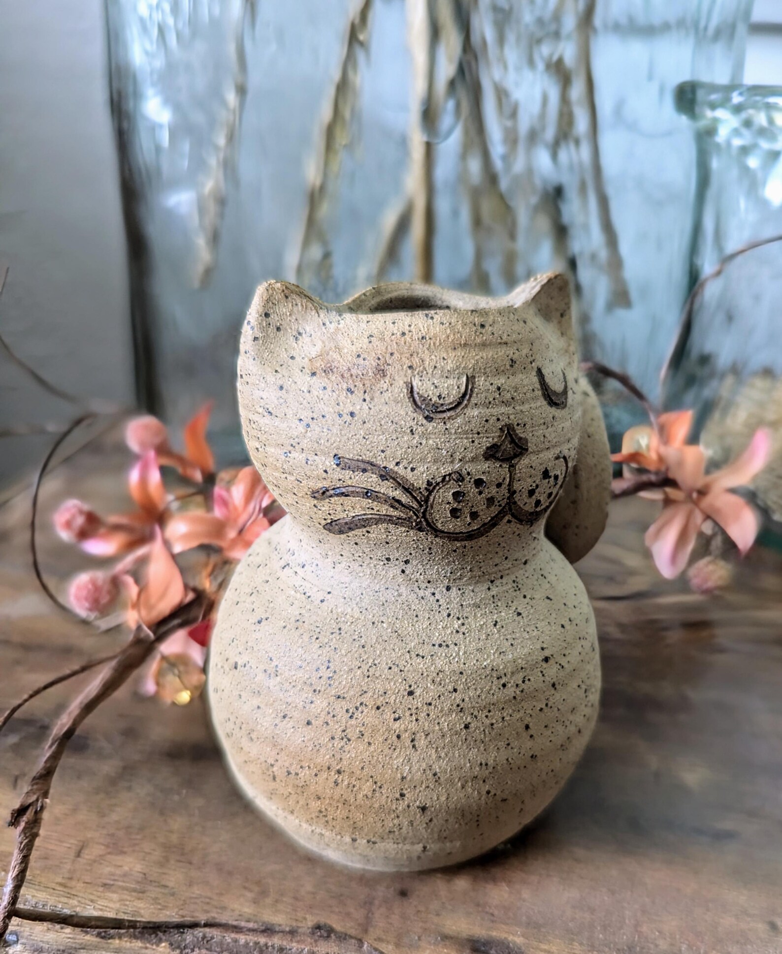 Clay Kitty Vase, Vintage Folk Art Pottery Cat Vase, Vessel, Sculpture ...