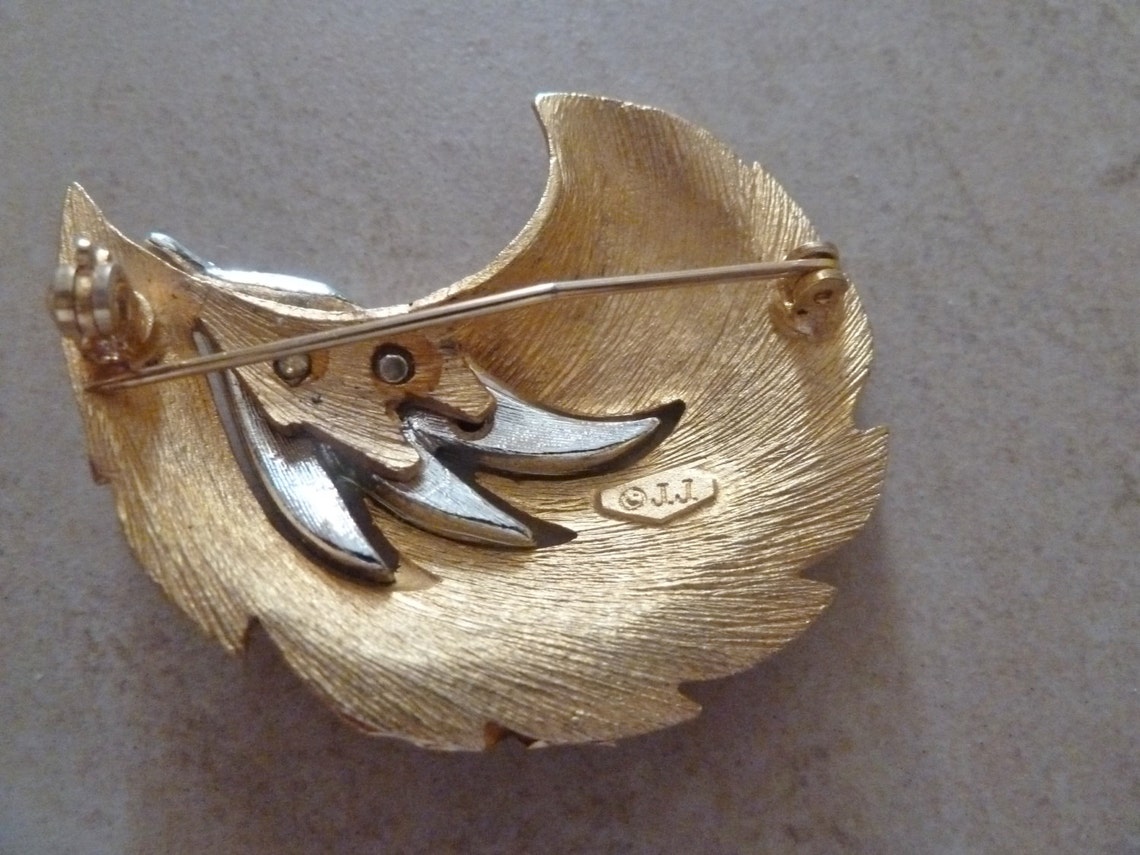 J J Feather Brooch Brushed Gold and Rhinestone Pin Vintage - Etsy