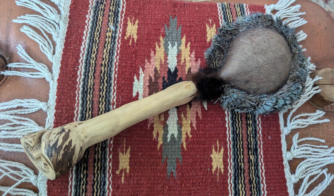 Shaman Rattle , Handmade Shamanic Natural Wood, Feather & Goat Skin ...