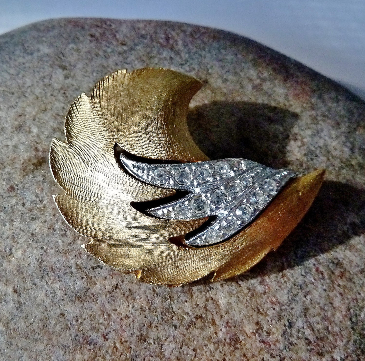 J J Feather Brooch Brushed Gold and Rhinestone Pin Vintage - Etsy